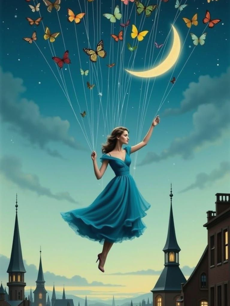 Surreal Goddess in Dreamlike Flight, Surrounded by... - AI Art