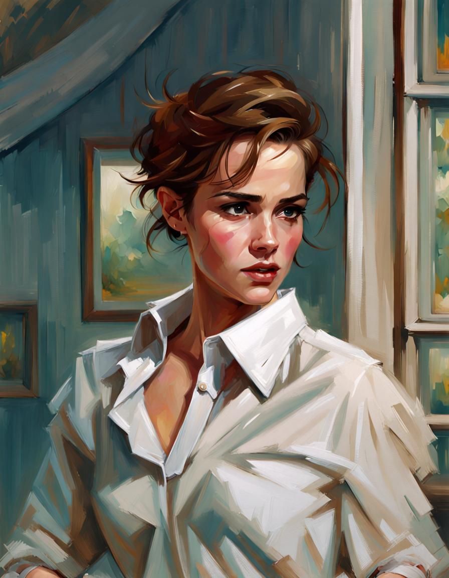 Emma Watson wearing collared torn white shirt with white belt, white ...