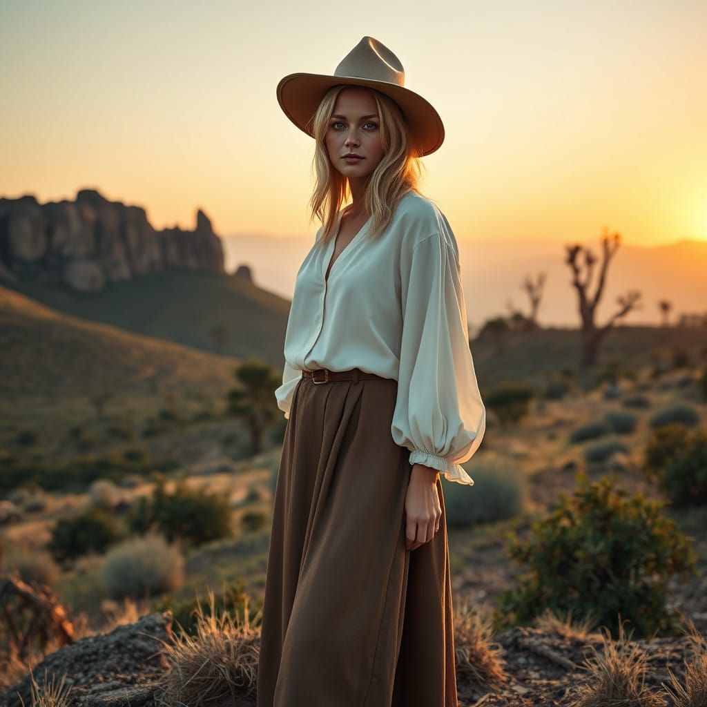 Depict a traditional Voortrekker-era boere lady with blonde hair and ...