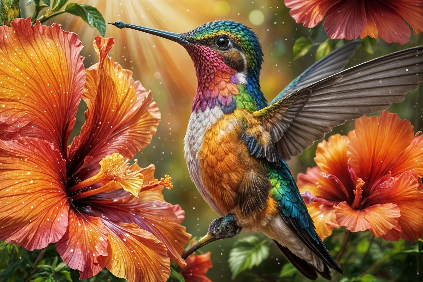 A hummingbird sips nectar from a hibiscus flower.