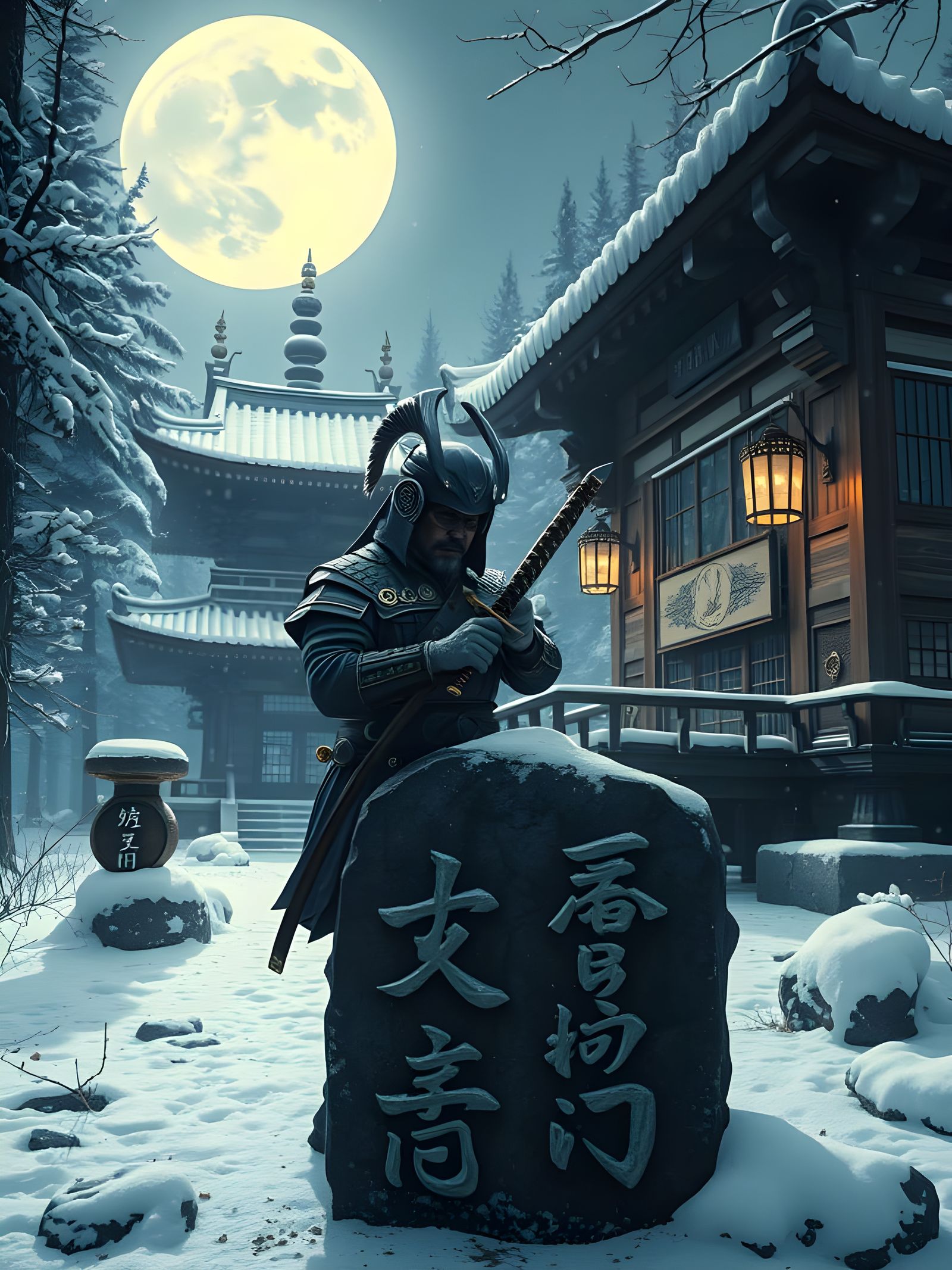 Steampunk Samurai Warrior in Moonlit Snowy Forest - AI Art