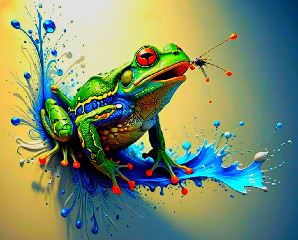 Frog in Mid-Air Capture of a Fly in Abstract Fract... - AI Art