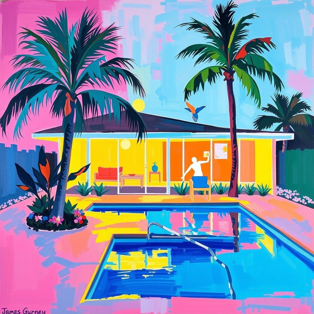 Abstract Beach House Scene in Expressionist Oil Pa... - AI Art