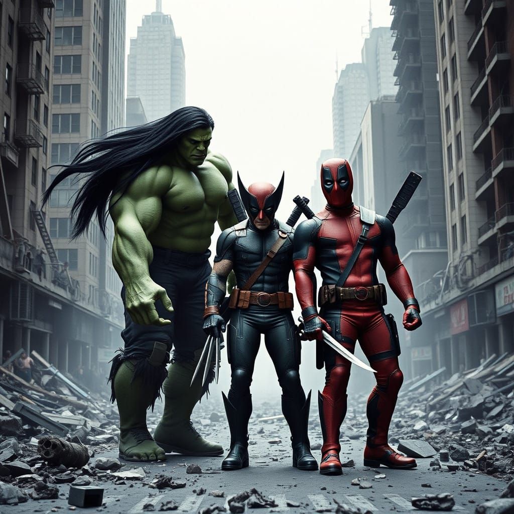 Hulk, Wolverine, and Deadpool Amidst Post-Apocalyp... - AI Art