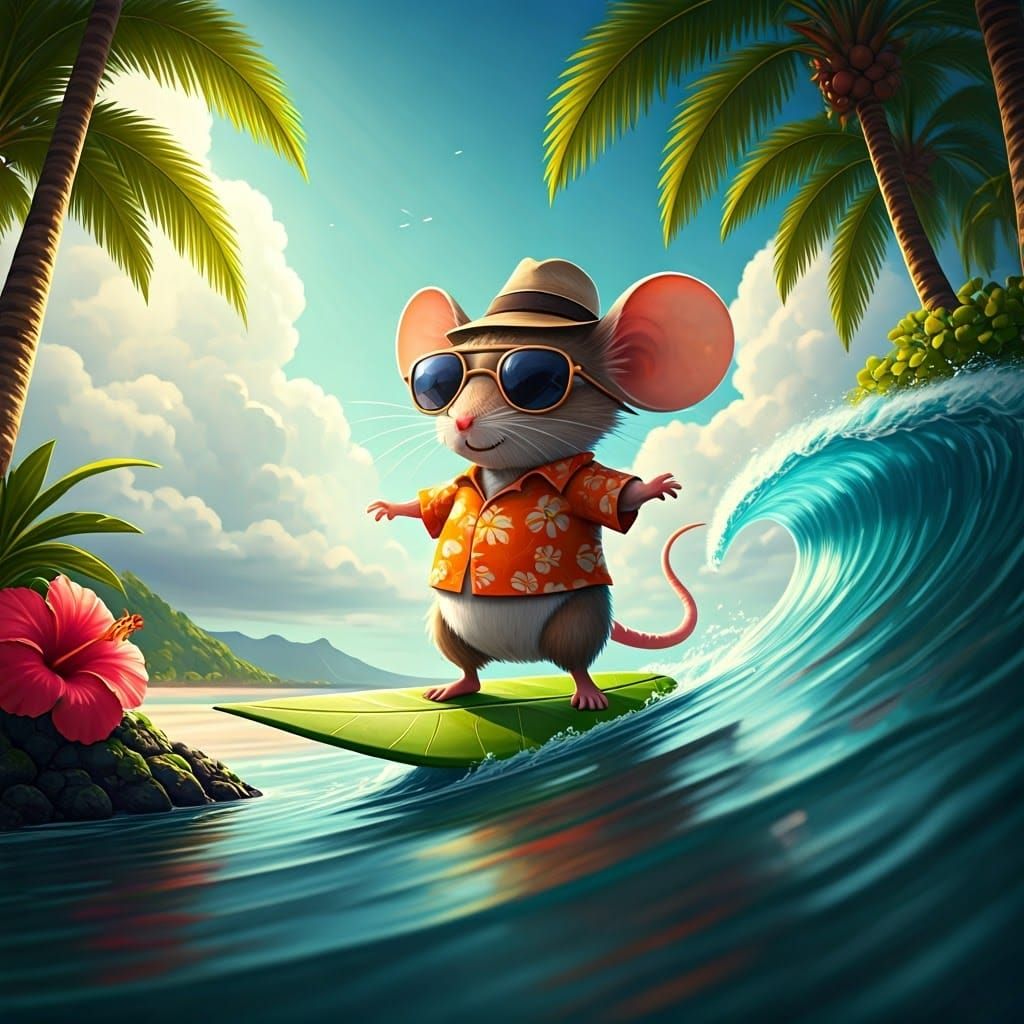 Adorable Mouse Surfer Rides Hawaiian Wave - AI Art