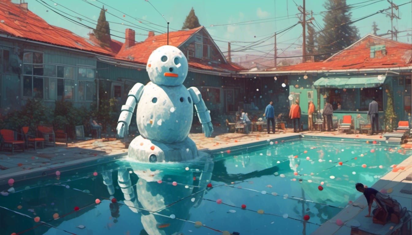 Beautiful digital artwork of a giant robotic swimming snowman in a ...