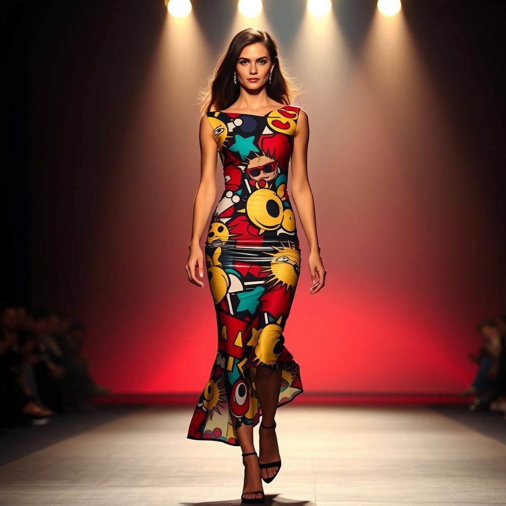 Comic Style - Fashion Model Struts Down Runway in Comic Book...