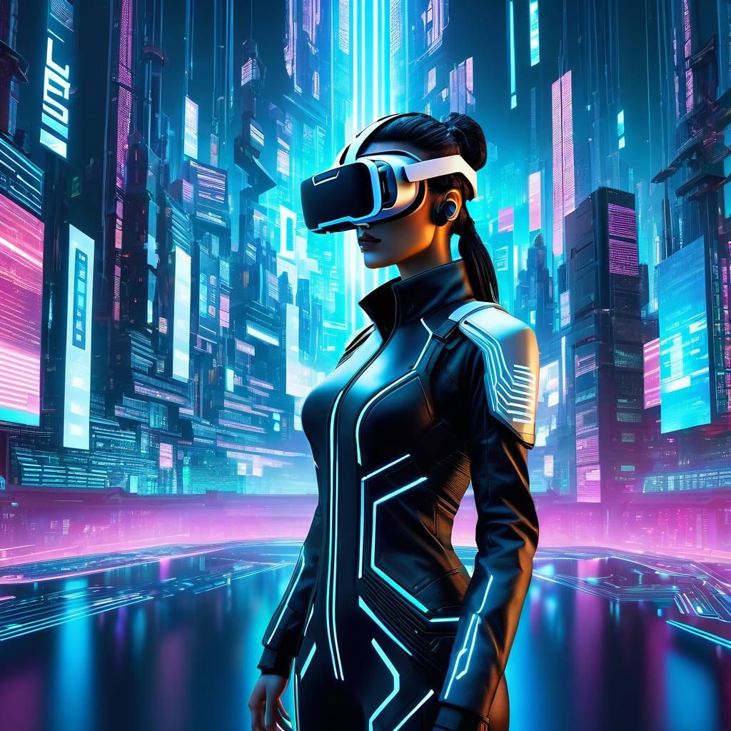 Illustration of a cyberpunk female hacker in a virtual reality setting, surrounded by ...