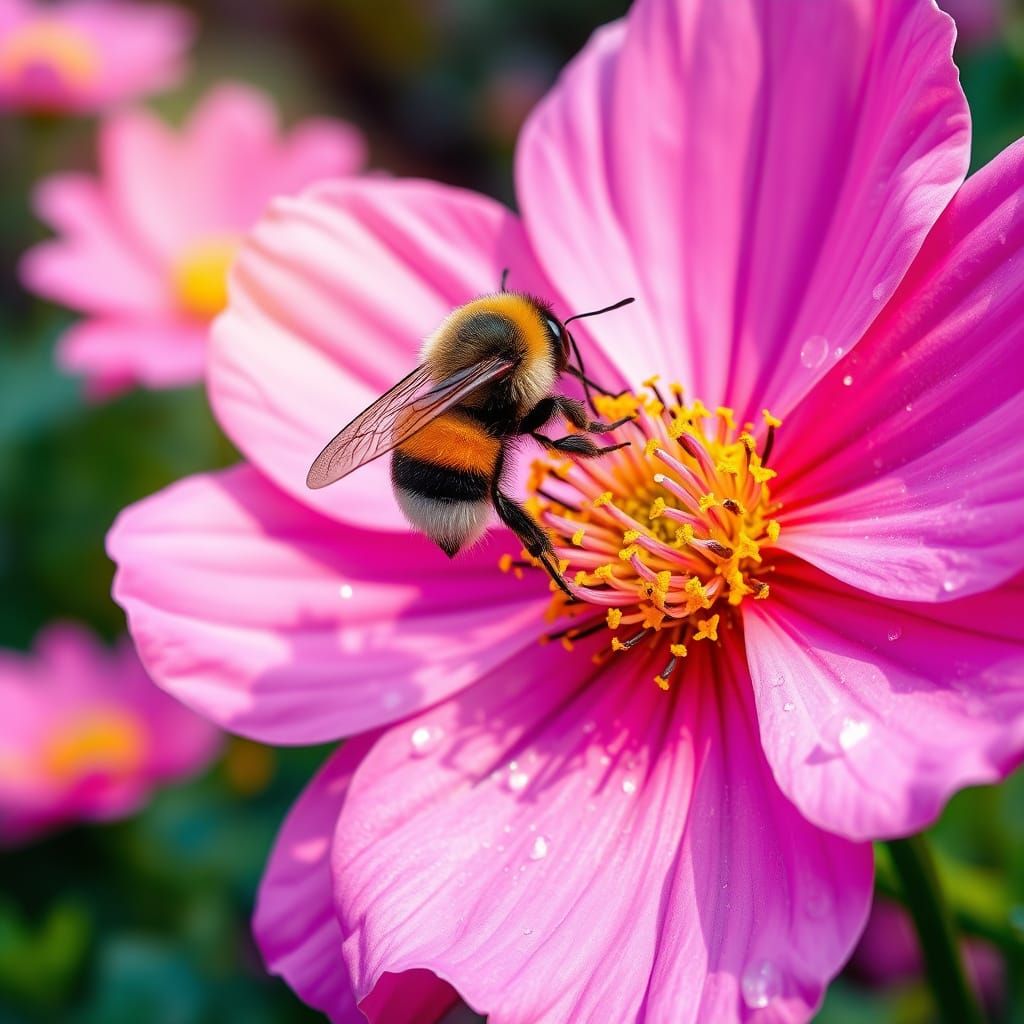 Hyper-realistic very beautiful vivid bumble bee leaving glowing trails ...