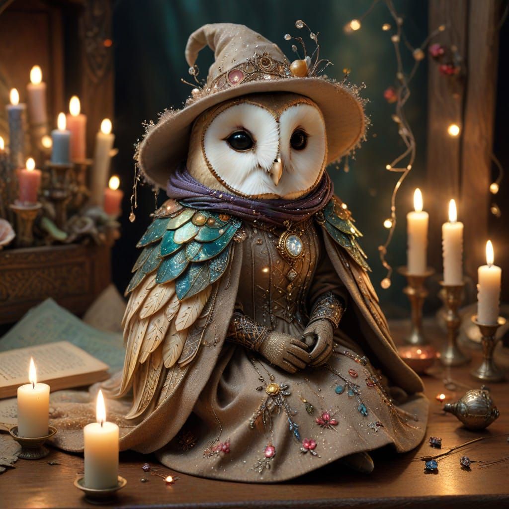 Enchanted Wizard Owl in Whimsical, Folk-Art-Inspir... - AI Art