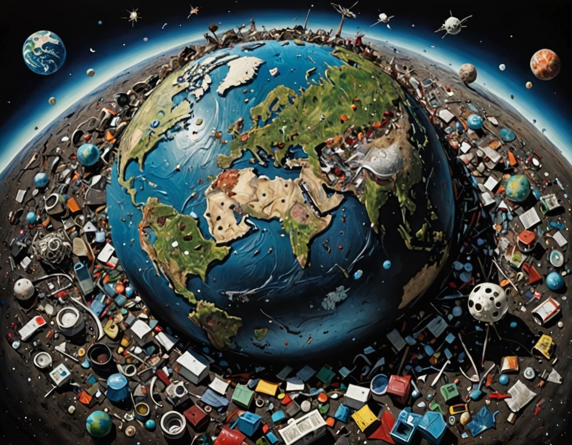 The Earth made out of litter, view from space, art piece by Tim Burton ...