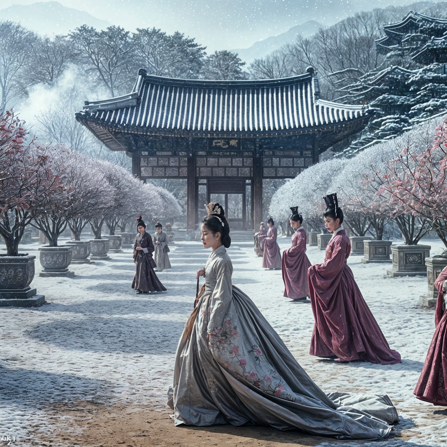A gorgeous South Korean Empress walking in the garden on a light snowy ...