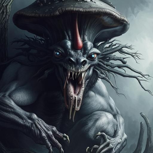 Dark Sinister Fantasy Mushroom Monster with eyes, mouth and limbs ...