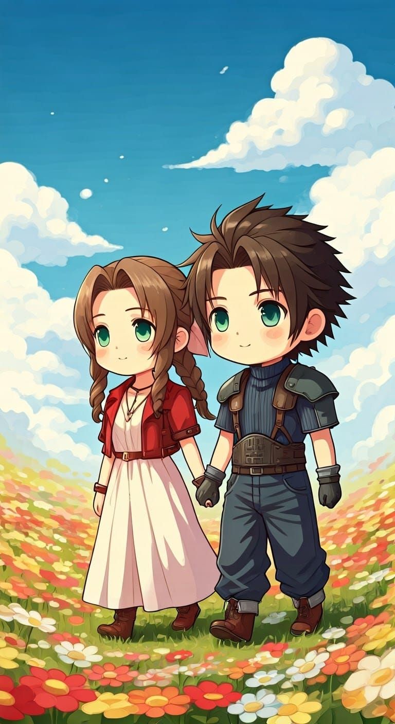 Chibi Kawaii Zack and Aerith Stroll in a Vibrant F... - AI Art