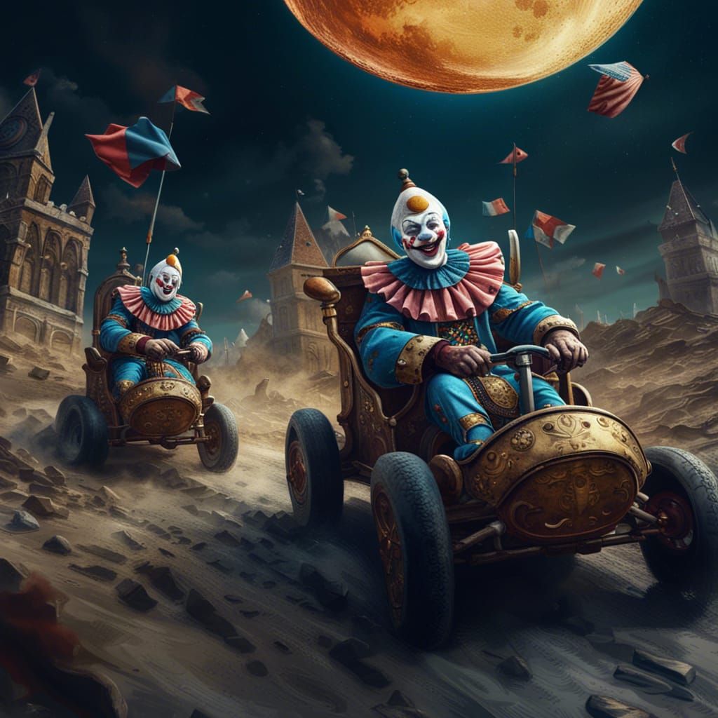 Clowns in go-karts racing on the moon against medieval knights ...