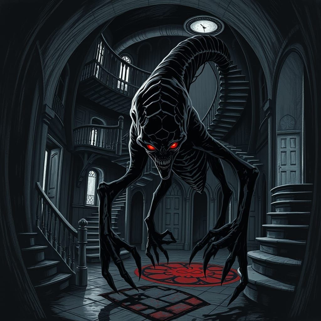 Escher-Inspired Monochromatic House with Terrifyin... - AI Art