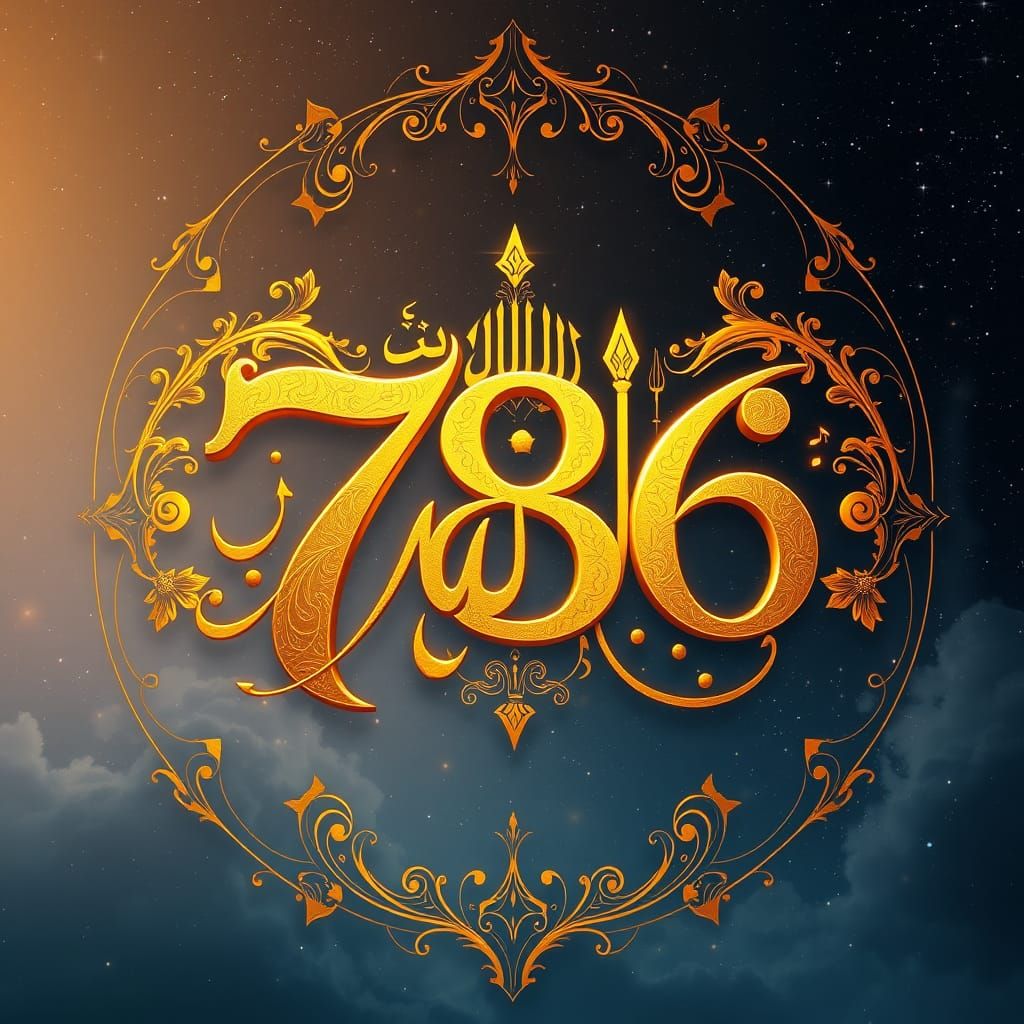 Golden Calligraphy of 786 in Majestic Islamic Artw... - AI Art