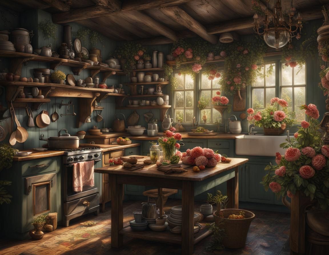 Cottagecore Kitchen, v2 - AI Generated Artwork - NightCafe Creator