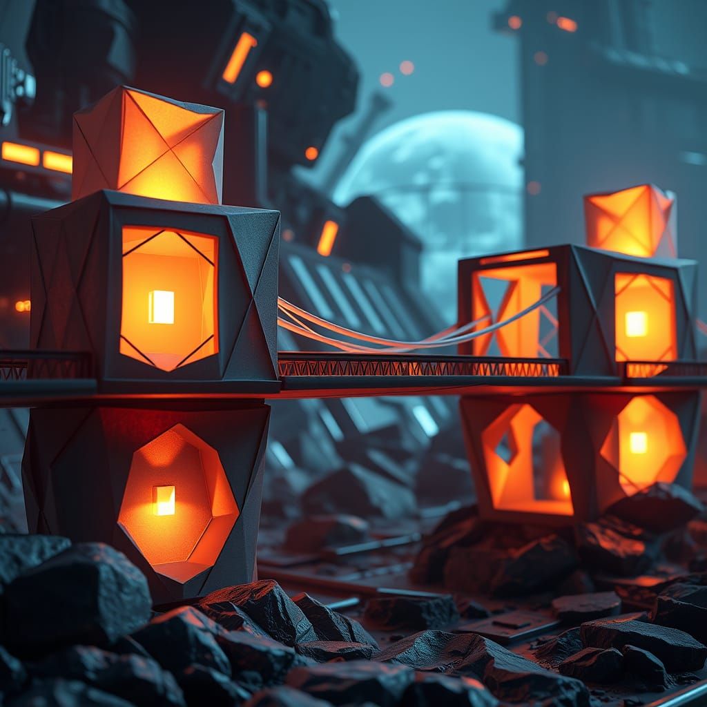 Surreal Origami Bridge Landscapes in Neon Sci-Fi A... - AI Art