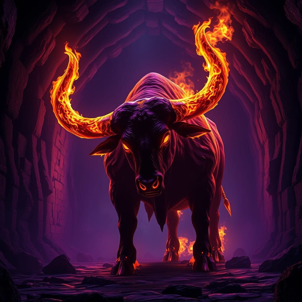 Dark Fantasy Dungeon Scene with Fire Bull Charging - AI Art
