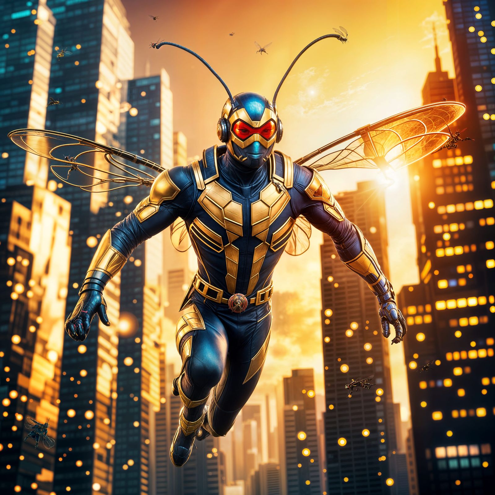 a wasp man superhero flying high above a futuristic city