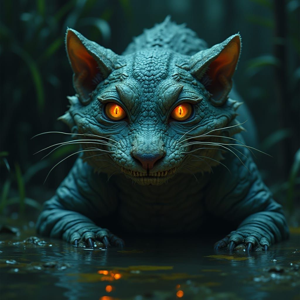 cat mixed with a allegator - Futuristic Swamp Creature...