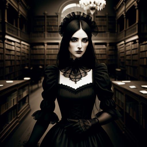 Ethereal Goth Siren in a Haunting Library Lair - AI Art