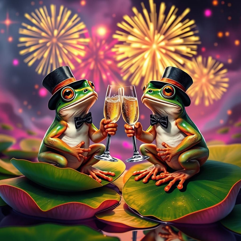 Frogs Celebrate New Year's Fireworks in Style - AI Art