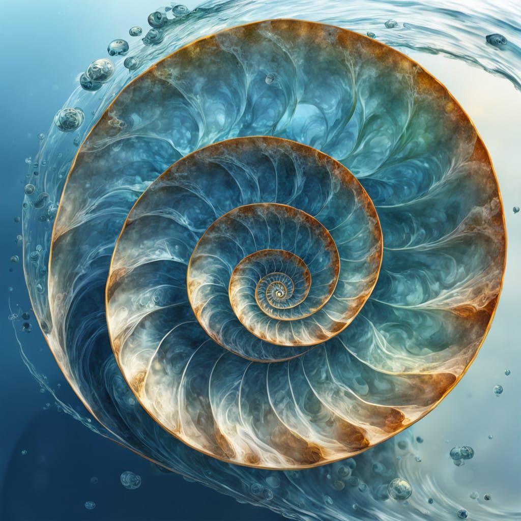 Fibonacci Sequence : A Fibonacci spiral in a shell, immersed in the ocean.