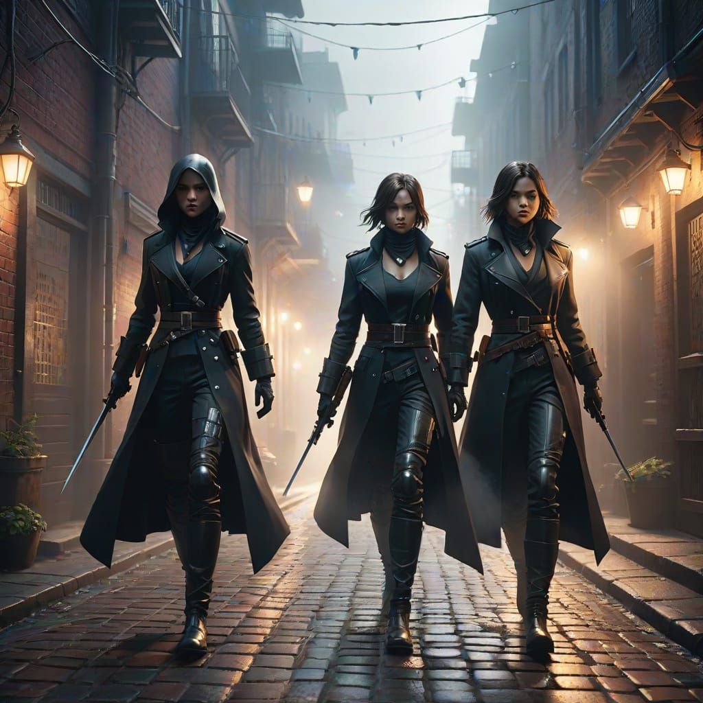 female assassins fighting each other wearing all black circa 1900