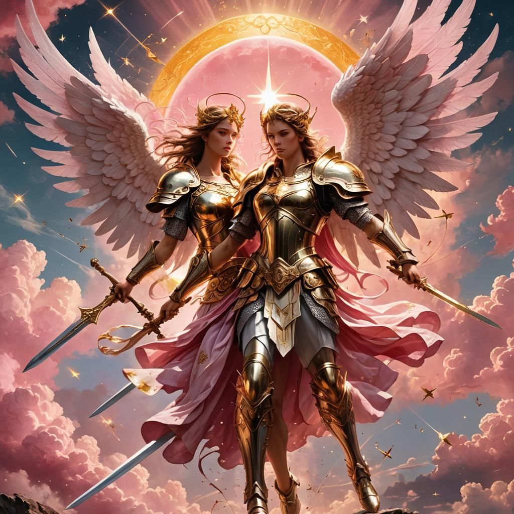 Beautiful angel warrior with wings, holding a gleaming golden sword and ...