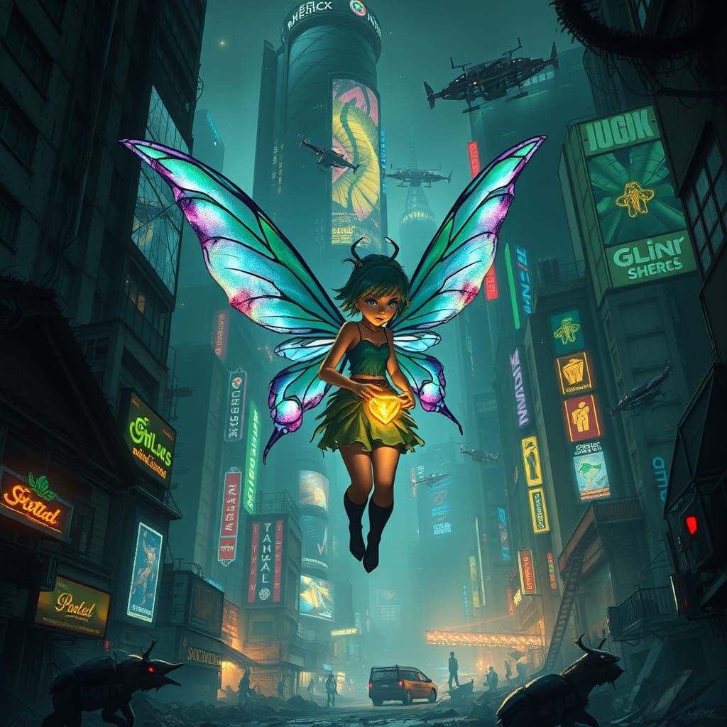 Pixie Navigates Cyberpunk Cityscape - AI Art