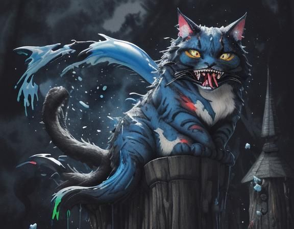monster cat, many tails, splashing blue ink - AI Generated Artwork ...