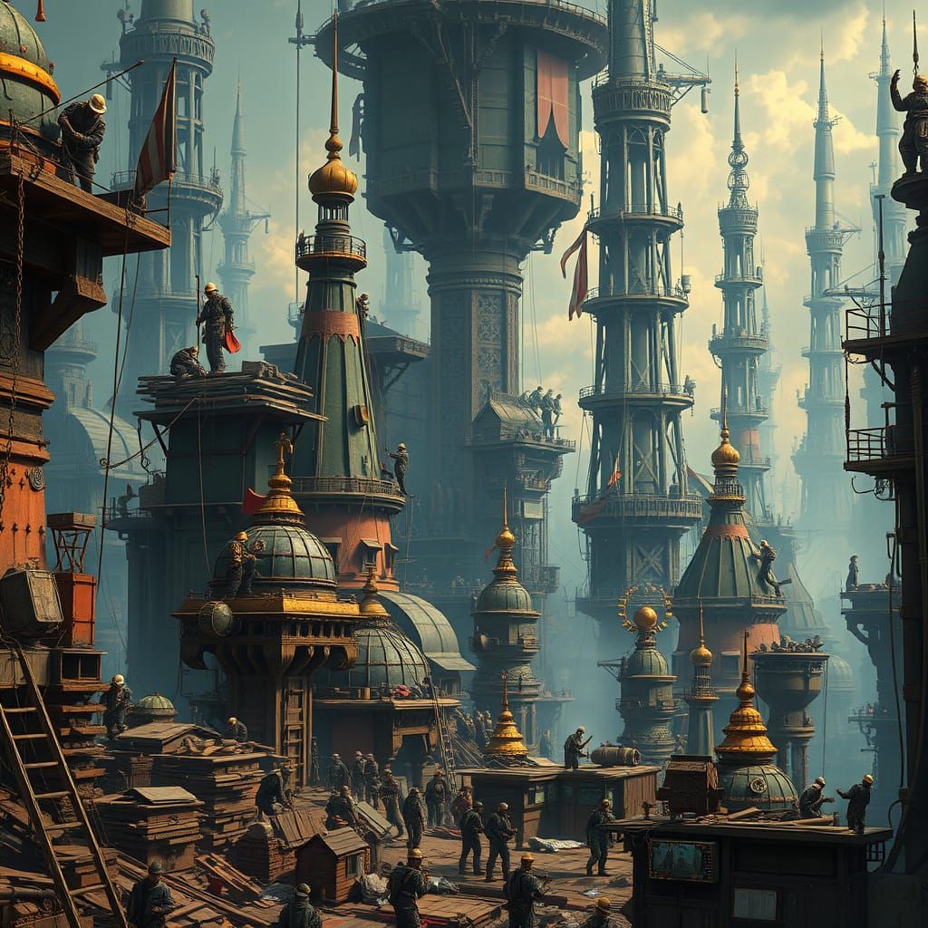 (many workers on very high scales detailed matte painting, deep color ...