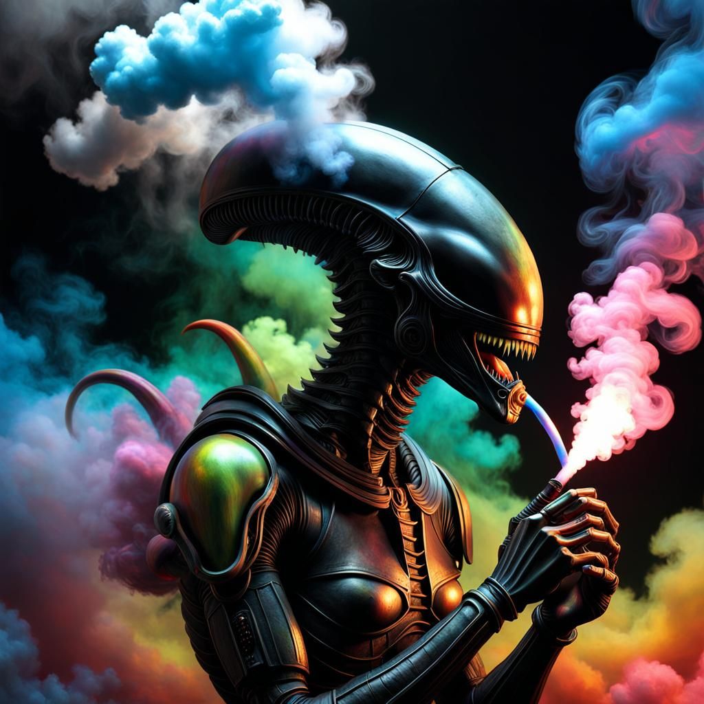 A Xenomorph vaping, exhaling thick rainbow smoke clouds, in fine detail ...