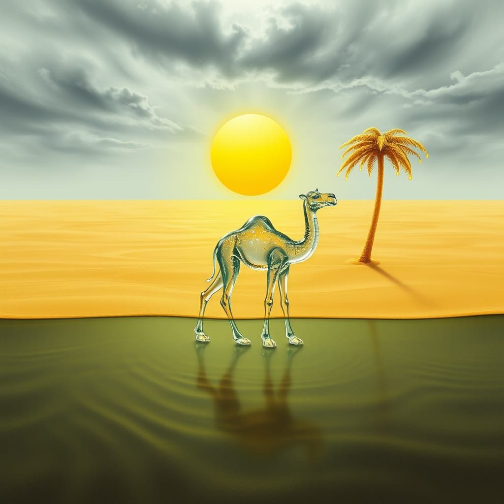 Camel mirage - Surreal Oil Painting of a Glass Camel in a Ye...