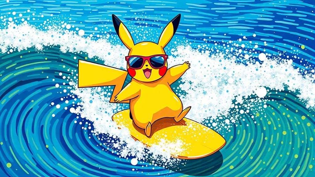Pikachusperiments - Vibrant Pikachu Surfs on a Wave in a Po...