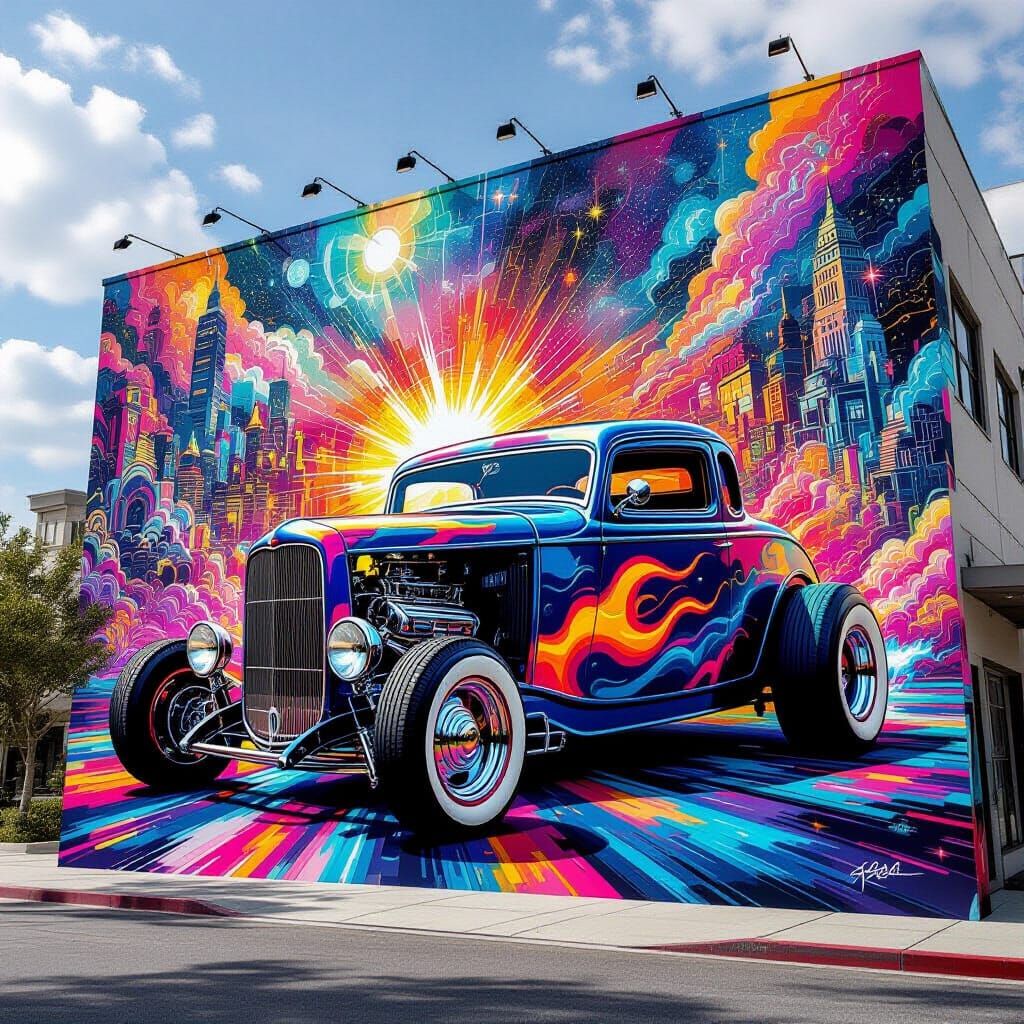 Psychedelic Hot Rod Mural in Futuristic Metropolis - AI Art