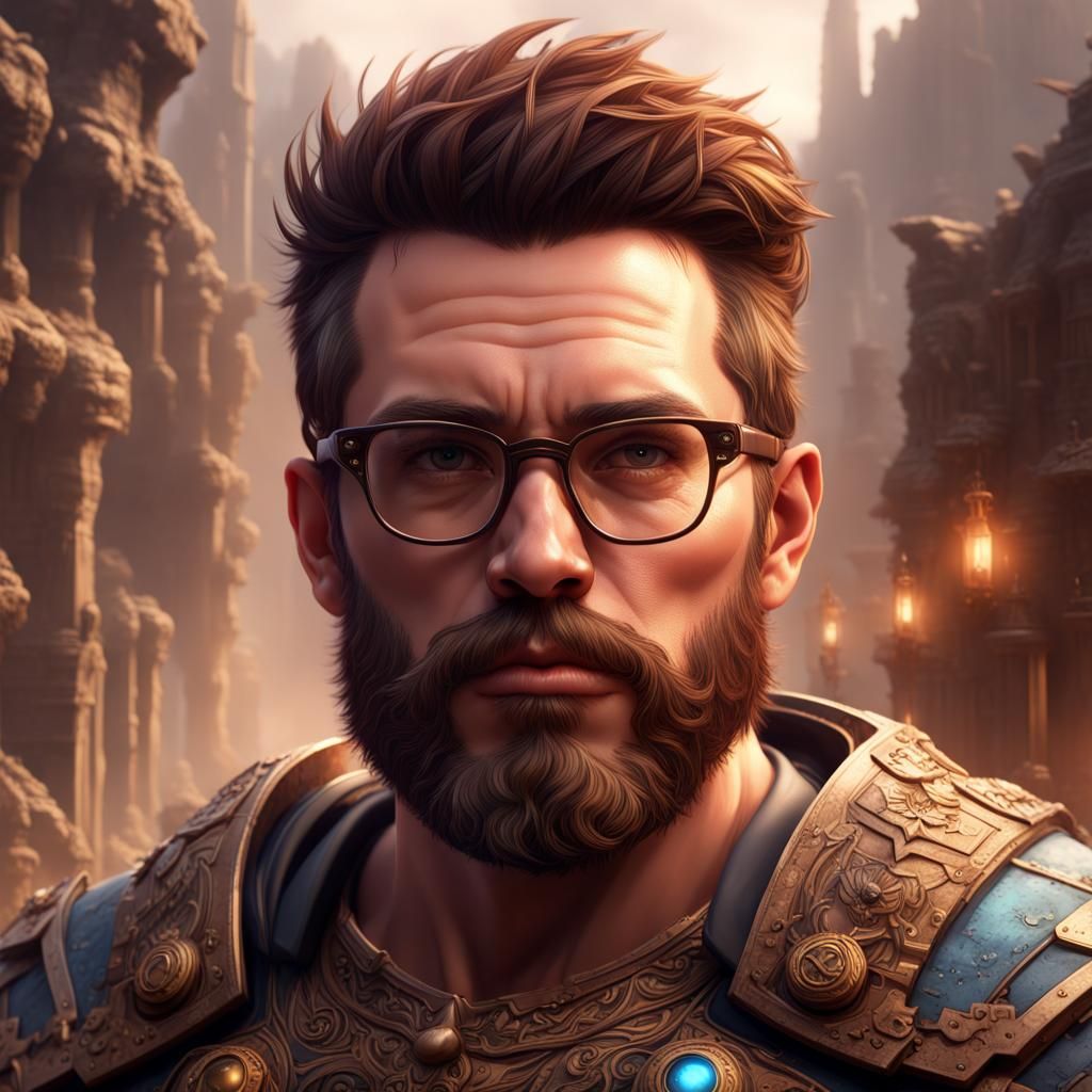 Brown hair, man, round glasses, tech, warrior, square face, beard - AI ...
