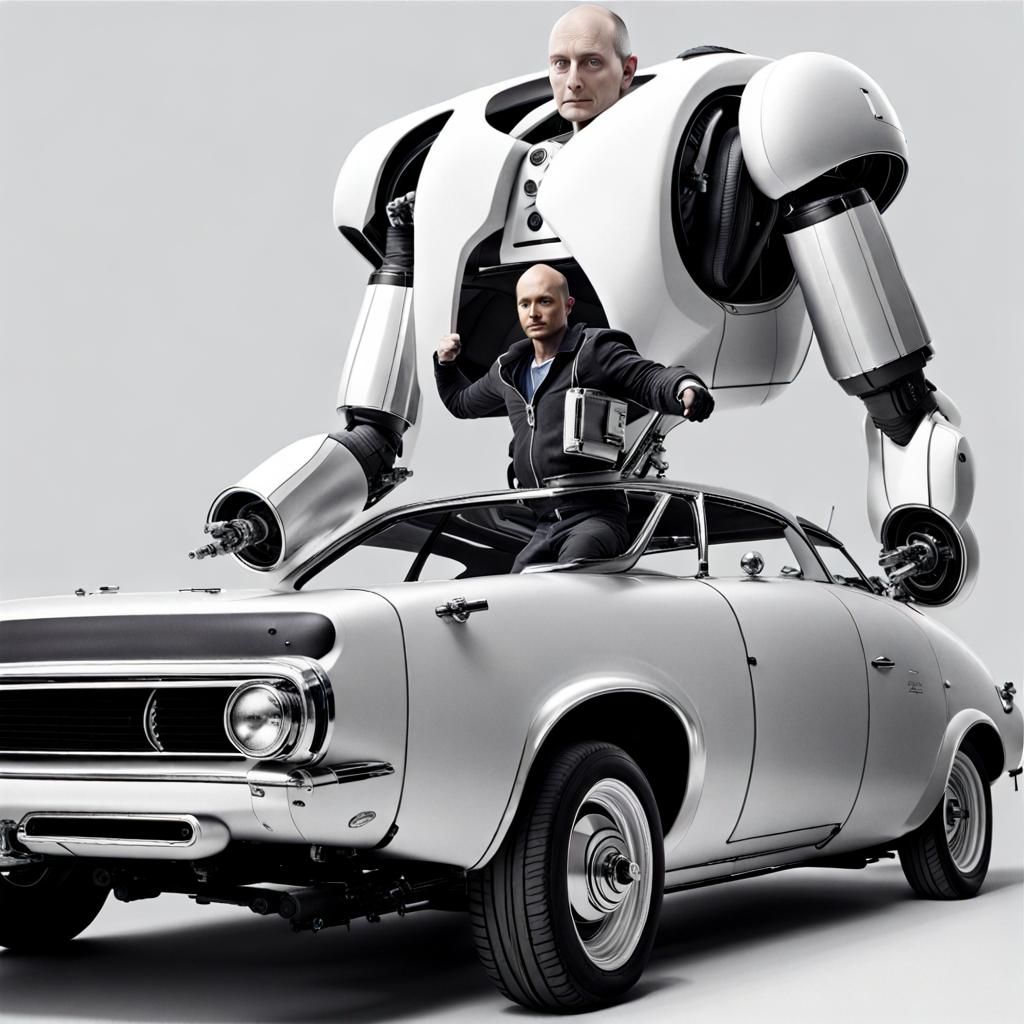 1 bald muscular robot with Elijah wood's face lifting a car over it's ...