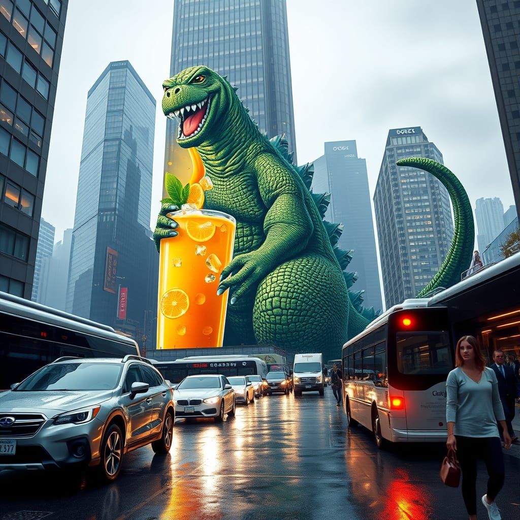 Godzilla Drinks Orange Juice Above City Streets in... - AI Art