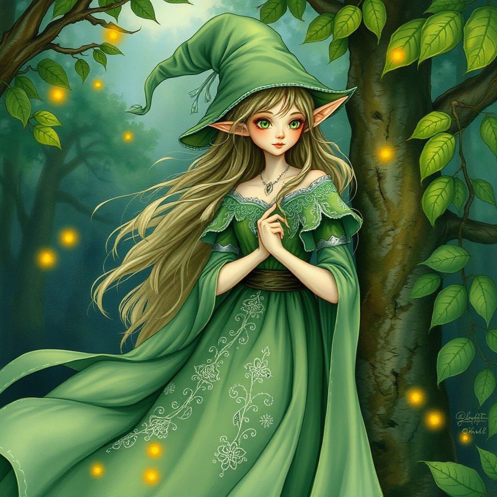 Whimsical Forest Elf Wizardess in Emerald Robes - AI Art