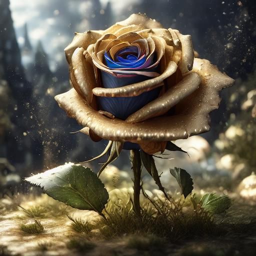 A ethereal black and blue rose, luminescent and striking, attention to ...