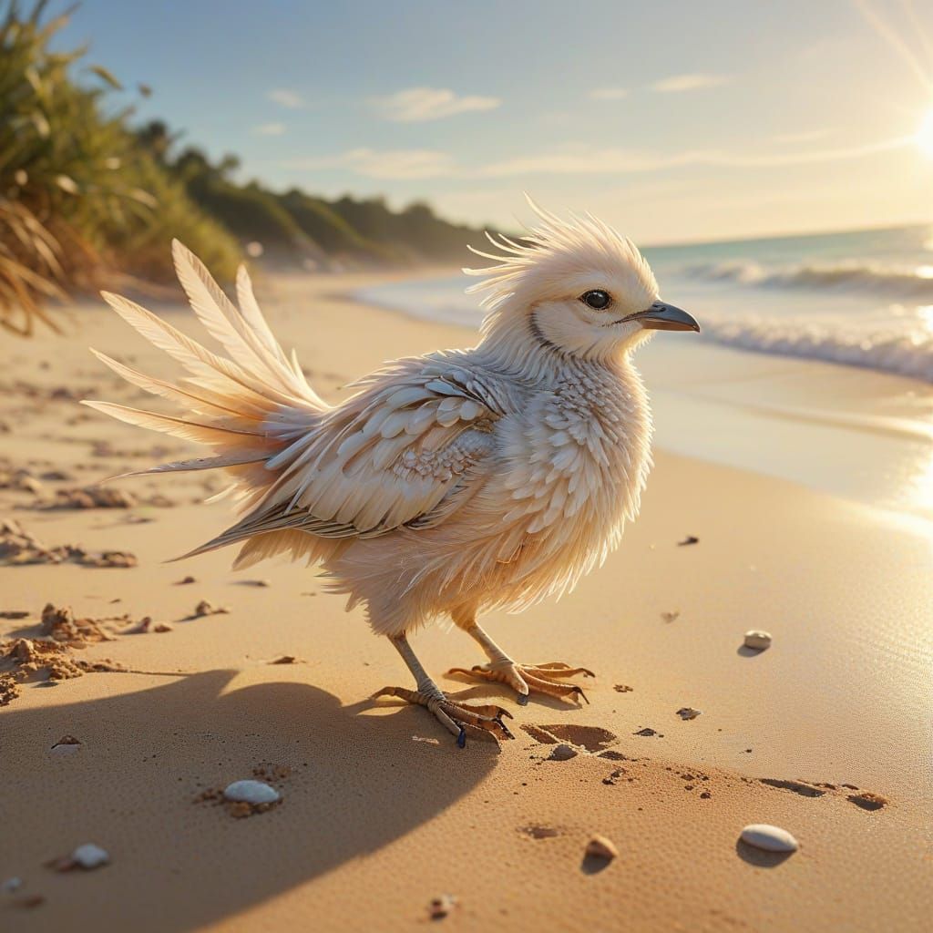 Cute feathered nonsense on a sandy beach, wind, colored pencil drawing ...