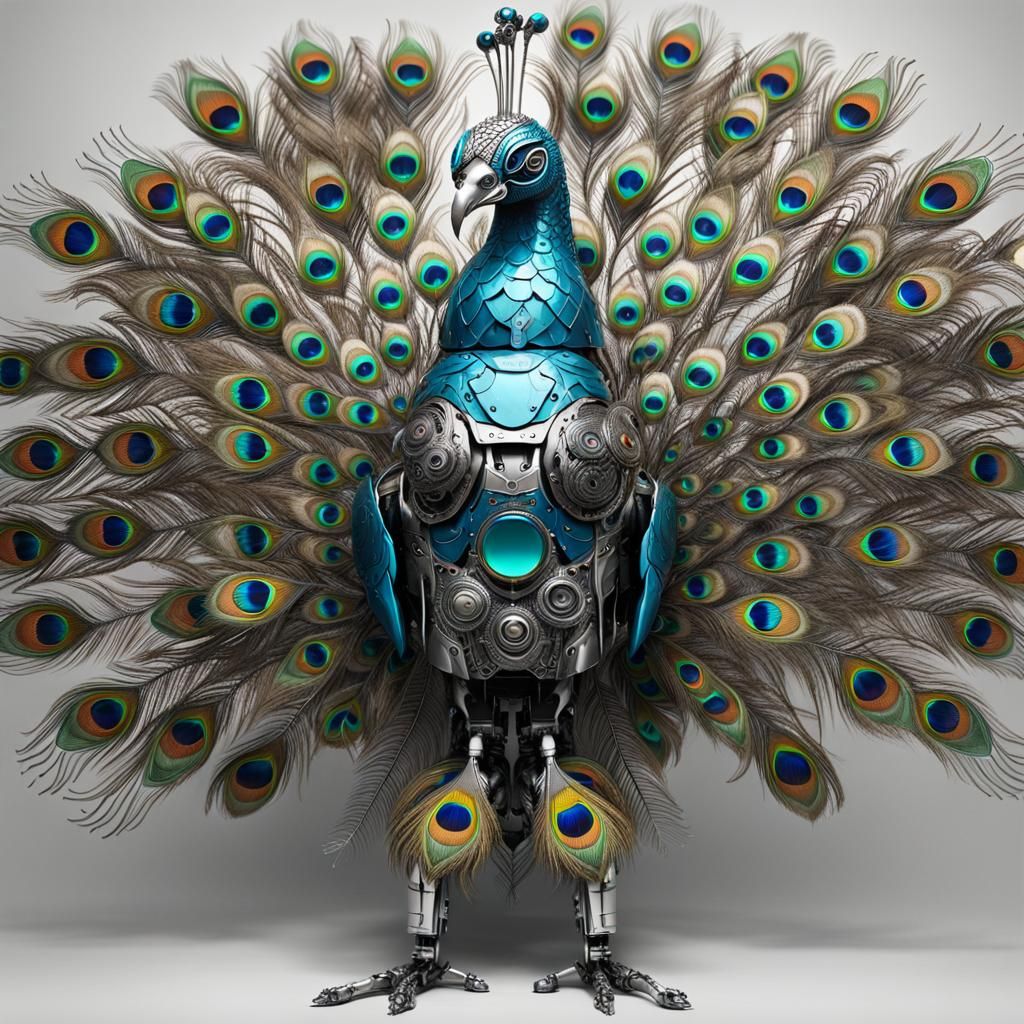 cyborg peacock robot with metal feathers