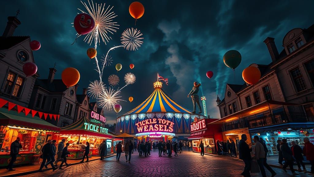 A night-time carnival in a cobbled town square with amusements, stalls ...