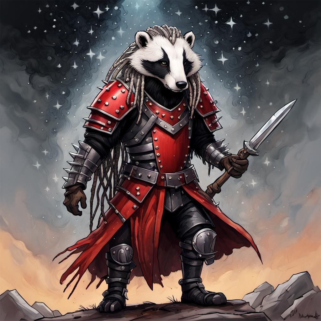 Silver badger with dreadlocks, black and shiny red leather armor with ...