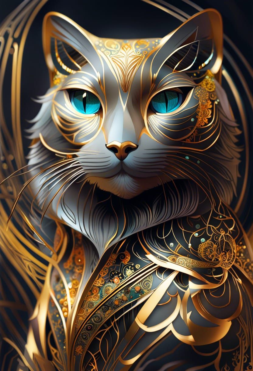 portrait of a gold cat, silver outlines, shiny aura, highly detailed, intricate motifs, organic ...