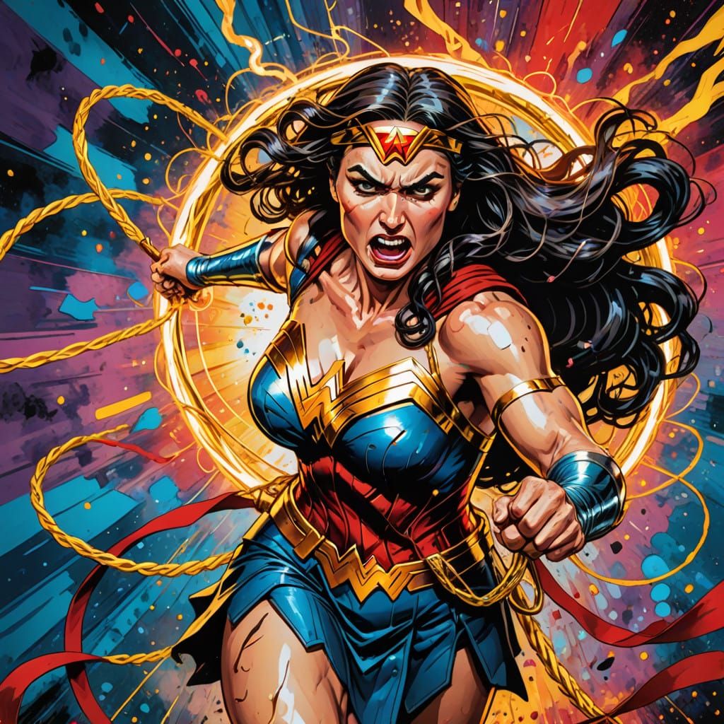 Portrait of an imposing tired WonderWoman lassooing the comic book villainess, Barbara Ann ...