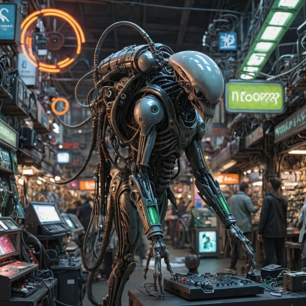 Futuristic biopunk alien wizard exploring electronics marketplace - AI Generated Artwork ...